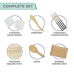 Noble Nest Sushi Making Kit for Beginners | Sushi Maker Kitchen Accessories Set Included Bamboo Sushi Rolling Mat, Chopsticks, Dipping Plates, Ladle, Serving Tray, Sushi Knife & Roller
