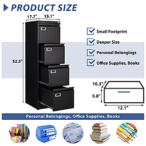 Anxxsu 4 Drawer File Cabinet, Filing Cabinets for Home Office, Metal Vertical File Storage Cabinet with Lock, Locking File Cabinet for A4 Legal/Letter, 15.1" W x 17.7" D x 52.5" H, Assembly Required