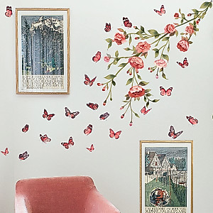Cute Peony Flower Wall Decals Pink Rose Floral Wall Decals Butterfly Wall Stickers Removable Peel and Stick for Kids Room Bedroom Living Room Garden Backyard Wall Decoration