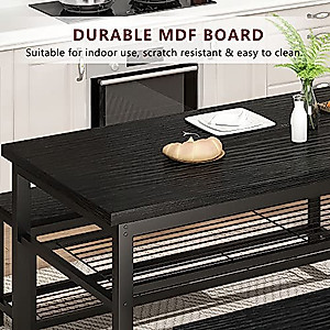 Lamerge 3-Piece Dining Table Set, Black Dining Table with Storage Shelf, Kitchen Table and Chairs Set for 4, Dining Table Set with 2 Benches, Industrial Dining Table Set for Dining Room, Kitchen