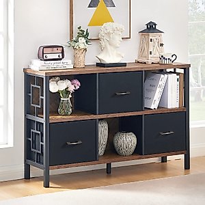 HOMISSUE 6 Cube Storage Organizer, Industrial Cube Storage Shelf with 3 Foldable Cube Storage Bin, Long Horizontal Bookshelf with Metal Frame, Low Bookshelf for Living Room and Office, Rustic Brown