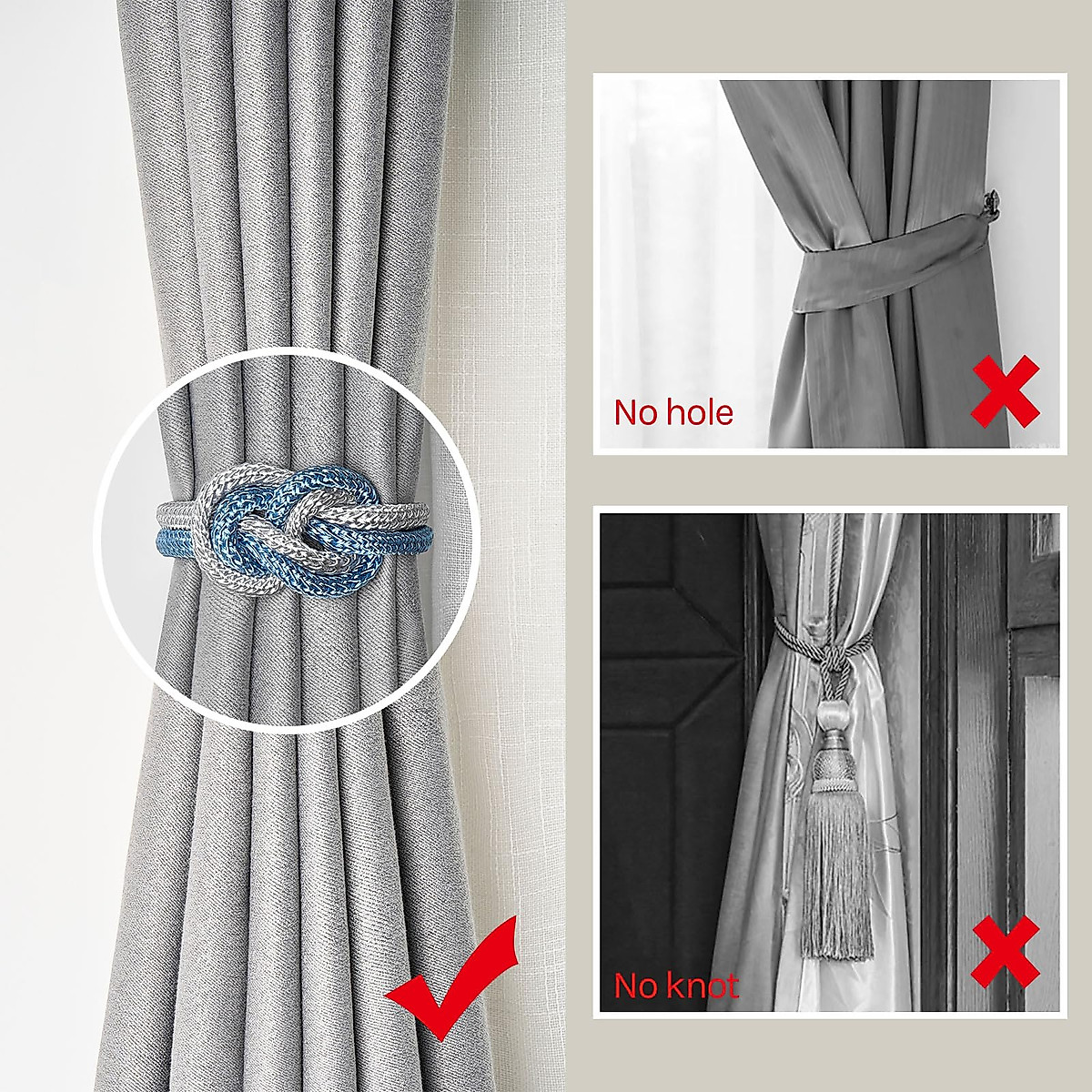 NICEEC 2 Pack Mini Magnetic Curtain Tiebacks Nordic Simple Style Drape Tie Backs Elegant Hand Weave Rope Knot Decorative Curtain Holdbacks for Home & Office Thin Window Drapery (Blue & Grey)
