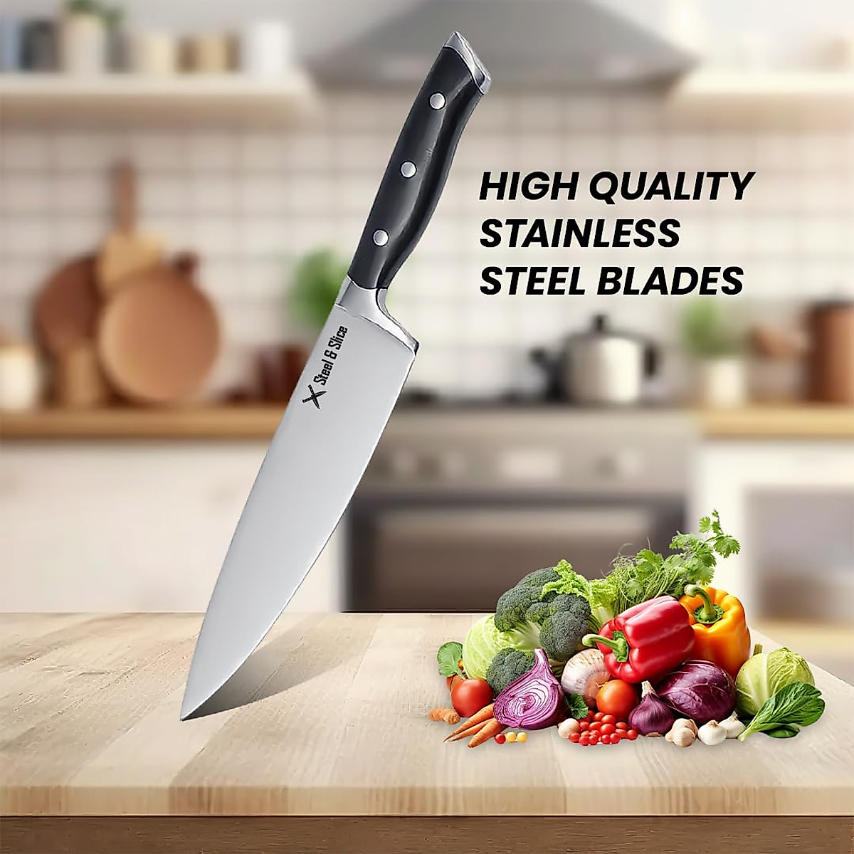 Knife Set, 19-Piece German Stainless Steel Kitchen Knife Set, Premium Knife Block Set with Knife Sharpener, Dishwasher Safe Knife Set with Block for Kitchen - 1 Year Refund Warranty