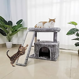 SIYIPURR Small Cat Tree for Indoor Cats，Cat Tower with Cat Scratching Post and Board，Cat House with Cat Perch for Kitten, Cat Condo,Stable Cat Stand (Light Grey)