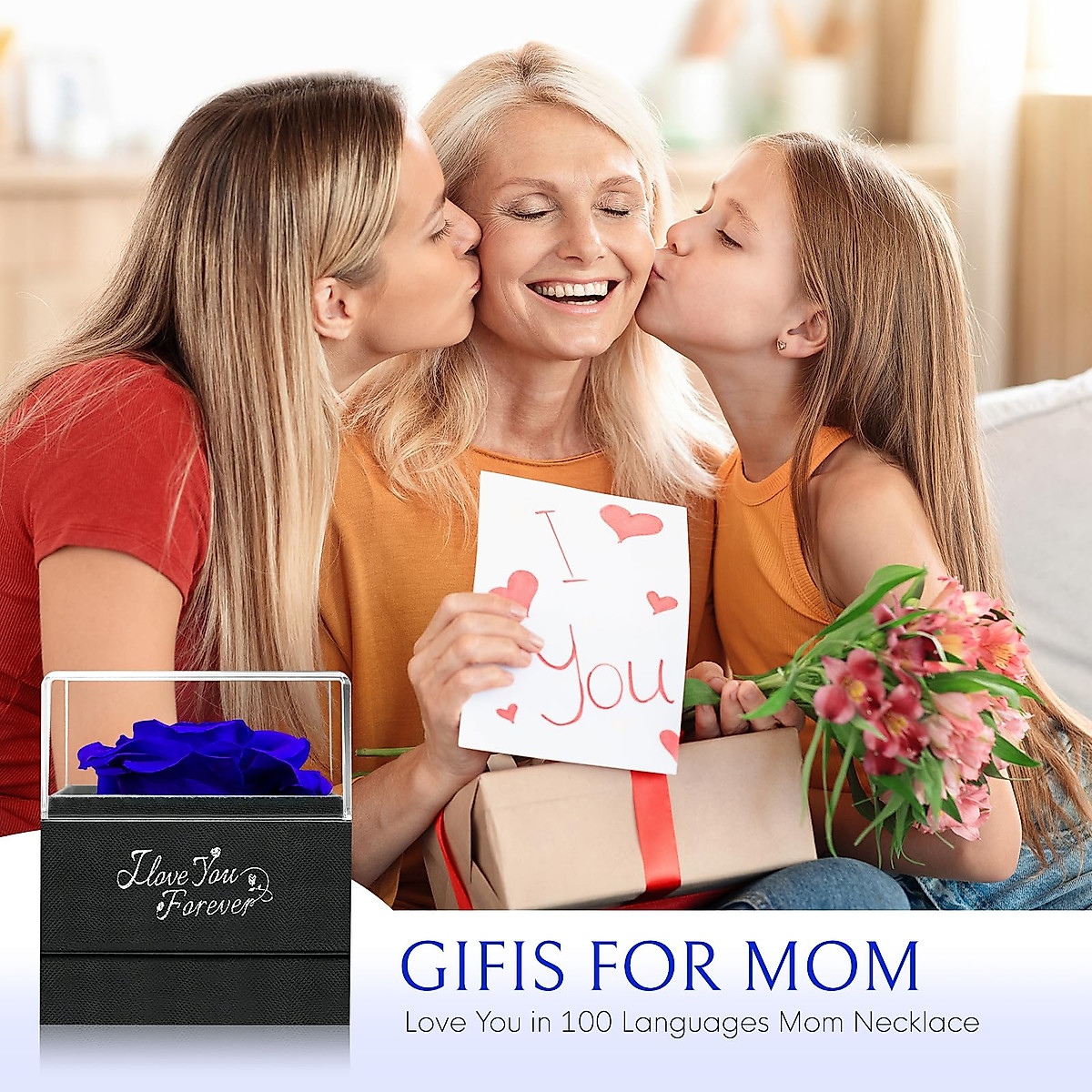 WILDLOVE Preserved Real Red Rose with Necklace in 100 Languages, Gifts for Mom Girlfriend Wife and Grandma on Mothers Day, Anniversary Birthday Gifts for Women