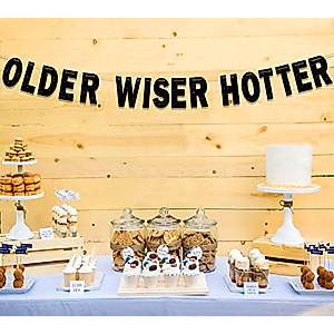 Ushinemi Black Older Wiser Hotter, Funny Birthday Banner for Men Women, Glitter Birthday Party Decorations
