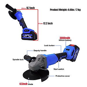 Cordless Angle Grinder 4.5 Inch, 10000 RPM, with 3000mAh Battery, Grinding Wheel, Cutting Wheels, Side Handle, Goggles, Storage bag, Lightweight Compact Electric Grinder for Cutting Grinding
