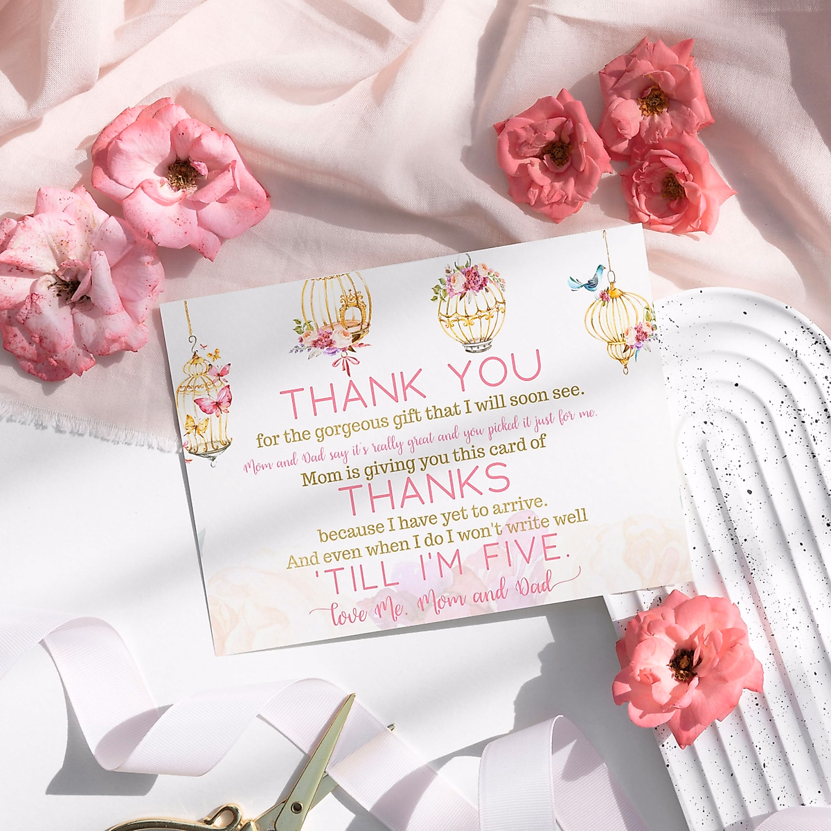 Fancy Floral Baby Shower Thank You Cards with Envelopes Blank Notes Prefilled Message Girls Personalize for Registry Gifts Pink Butterfly and Floral Notecard Set 4x6 Stationery, 15 Pack