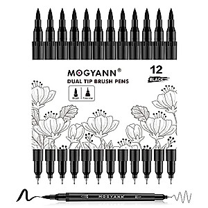 Mogyann Drawing Pens, 12 Pack Dual Brush Pens Black Markers for Art Drawing Sketching