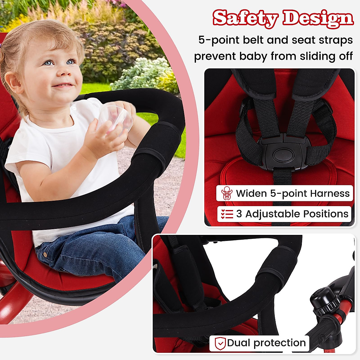 INFANS Kids Tricycle, 6 in 1 Stroll Trike with Adjustable Push Handle, Removable Canopy, Retractable Foot Plate, Lockable Pedal, Detachable Guardrail, Suitable for 10 Months to 5 Years (Red)