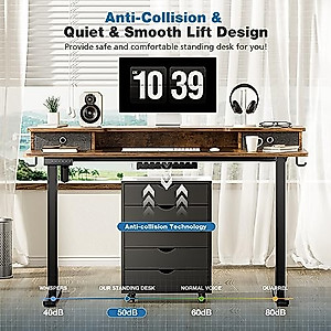 DUMOS Adjustable Height Electric Sti to Standing Desk with Drawer,63 x 24 in Ergonomic Computer Table with Splicing Board, Wire Hole and Hook for Workstation for Home, Office, Rustic Brown & Shelf