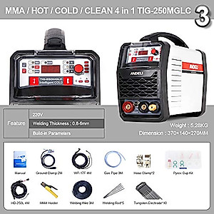 ANDELI TIG Welder with CLEAN COLD & MMA 4 in 1 Smart Portable 220V DC Inverter TIG Welding Machine TIG-250MGLC (TIG & CLEAN & MMA)
