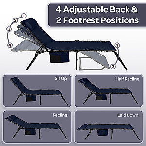 Lavish Home Lounge Chair Outdoor Furniture - 3 Position Adjustable Beach Chair - Folding Chair with Pocket and Pillow - Patio Furniture (Navy)