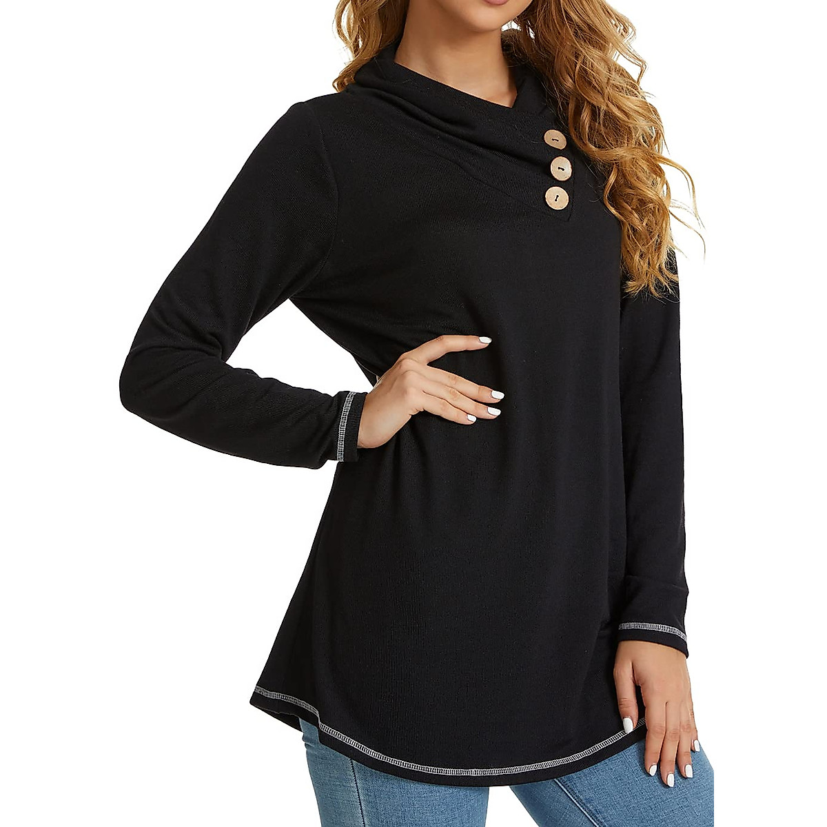 WEIYAN Women's Cowl Neck Tunic Long Sleeve Pullover Shirt Casual Sweatshirt Loose Tops with Buttons(Black,X-Large)