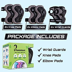Knee Pads for Kids – POMELOLEAVE Knee and Elbow Pads for Kids and Teen Protective Gear 6 in 1 Set for Inline Skating, Rollerblades, Skateboard, Dirt Bike, Longboarding – Medium (9-12 Age), Black