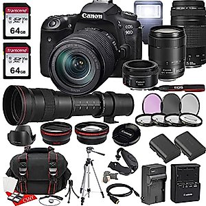 Canon EOS 90D DSLR Camera w/EF-S 18-135mm f/3.5-5.6 IS USM Lens + 75-300mm F/4-5.6 III + EF 50mm f/1.8 STM Lenses + 420-800mm f/8.3 Lens for T Mount+2X 64GB Memory+Hood+Case+Filters+More (35pc Bundle)