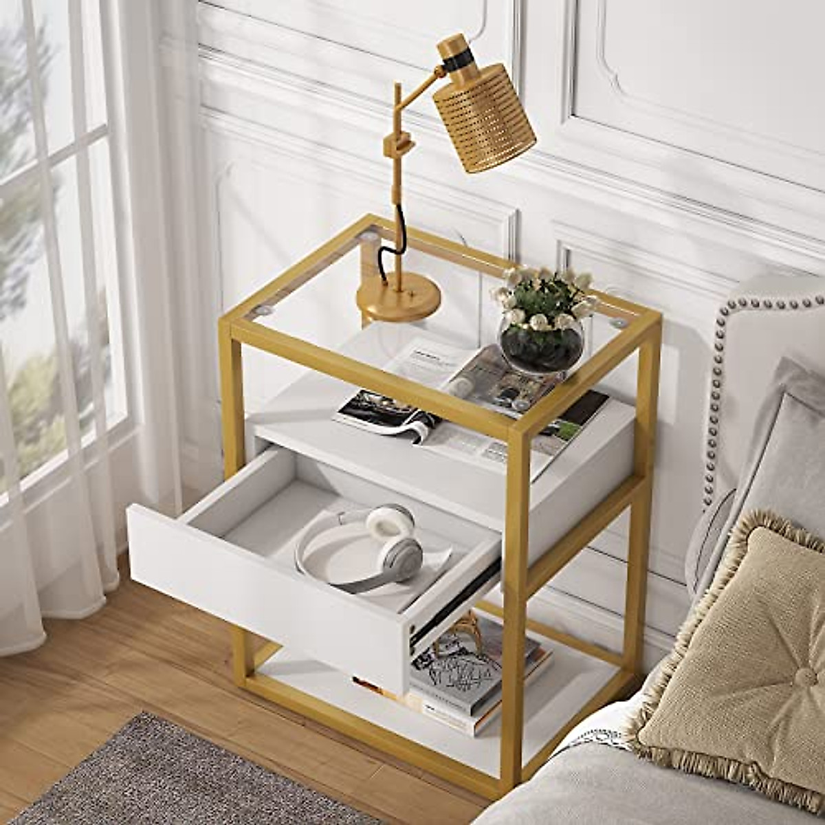 LITTLE TREE Modern Gold White Nightstand with Drawer and Storage Shelf, Bedside Chair Side End Table for Bedroom, Living Room