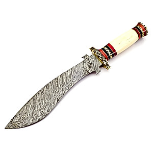 Skokie Knives Custom Damascus Steel Hunting Knife Camel Bone Handle with Brass Spacer -Handmade Premium Quality Edge Fixed Blade – For Multipurpose – Ideal for Survival Hunting Camping Hiking Outdoor Every Day Carry Professional Use Art of Craftsmanship E