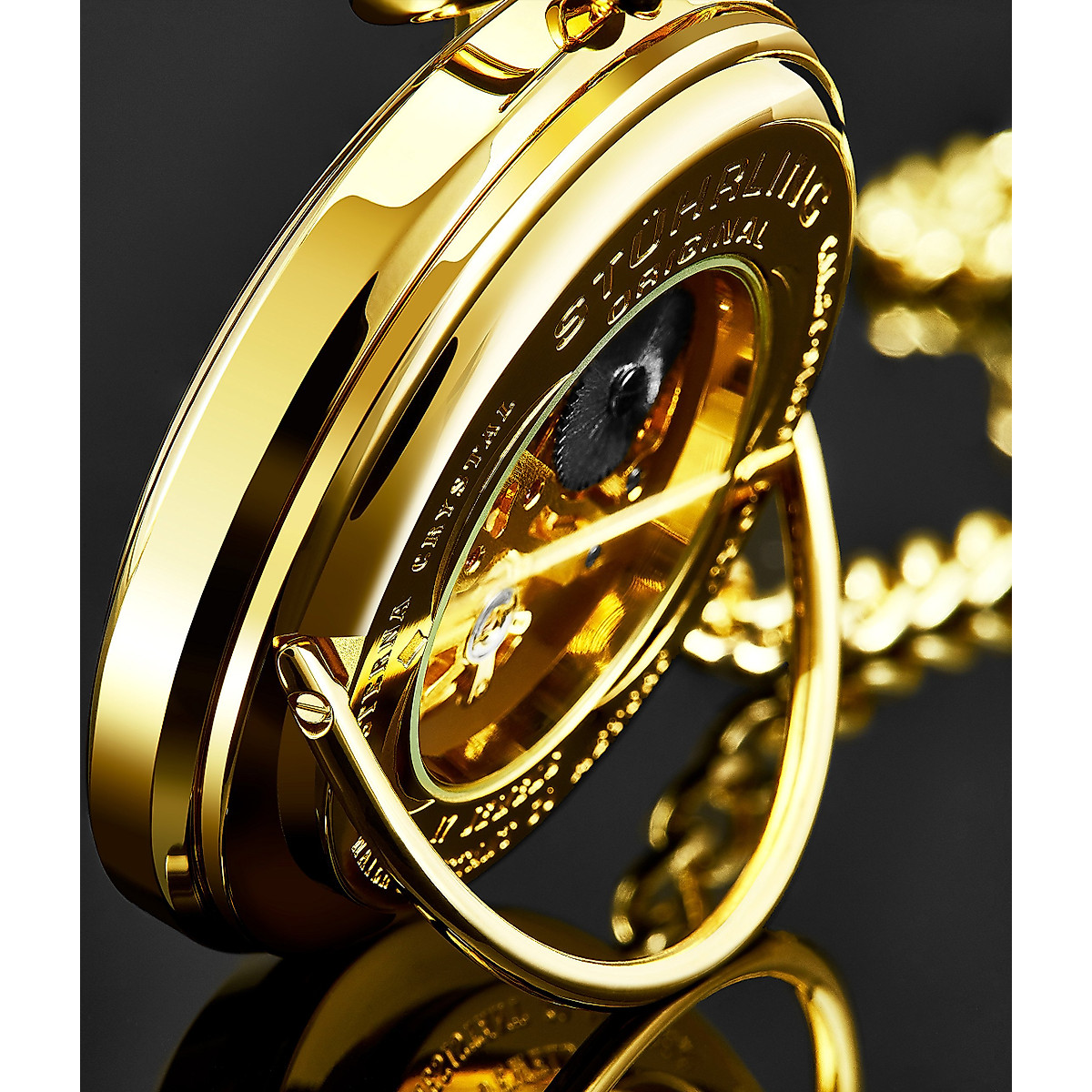 Stuhrling Original Men's Pocket Watch Stainless Steel Analog Skeleton Watch Hand Wind Mechanical Movement Stainless Steel Chain (Silver) (Gold)