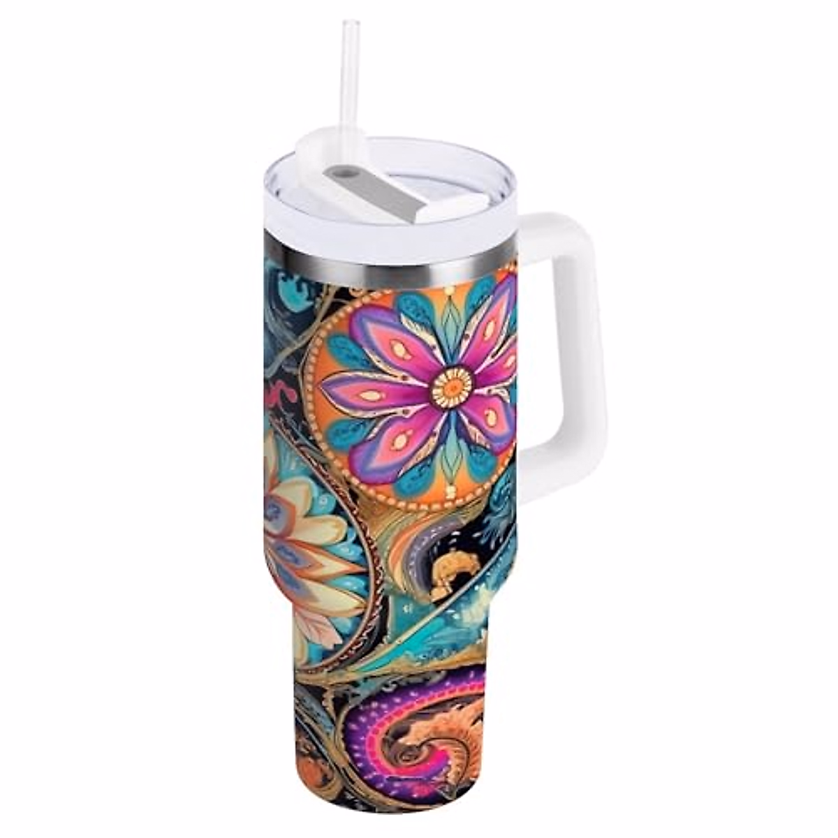 Jihqo Colorful Oriental Textile Tile 40 oz Stainless Steel Vacuum Insulated Tumbler with Handle and Straw Lid, Leakproof Water Bottle Double Wall Travel Mug Coffee Cup, Cupholder Friendly