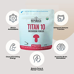 LRLA SUPERFOODS La Republica Titan 10 Organic Mushroom Powder for Focus, Immunity, Energy, Gut Health, and Skin (85 Servings, 3 oz)