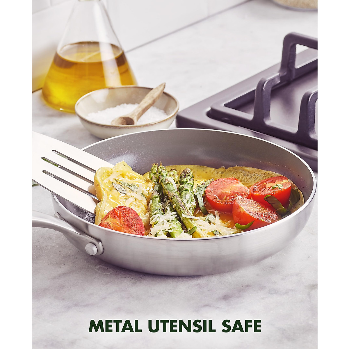 GreenPan Chatham Tri-Ply Stainless Steel Cookware Healthy Ceramic Nonstick 8" 10" and 12" 3 Piece Frying Pan Skillet Set, PFAS-Free, Multi Clad, Induction, Dishwasher Safe, Oven and Broiler Safe