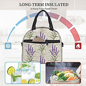 Vintage Lavenders Floral Lunch Bag Reusable Insulated Lunch Tote Bag Lunchbox Container With Adjustable Shoulder Strap For Office Work School Picnic Travel