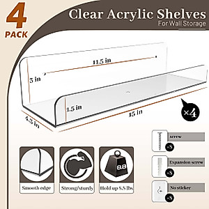 BTSD-home 4 Pack 15" Clear Acrylic Shelves Display Ledge for Wall Storage, Acrylic Floating Shelves Wall Mounted for Kids Bookshelf, Bedroom, Living Room, Bathroom, Kitchen.
