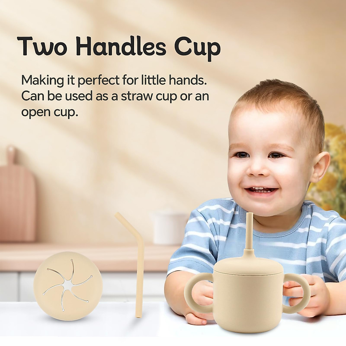 SHGMEET Silicone Baby Feeding Set, Baby Feeding Essentials, Baby Suction Bowl, Plates, Bib, Spoons set, Baby Led Weaning Supplies to Develop Self-feeding Skills, Dishwasher Safe (Beige)