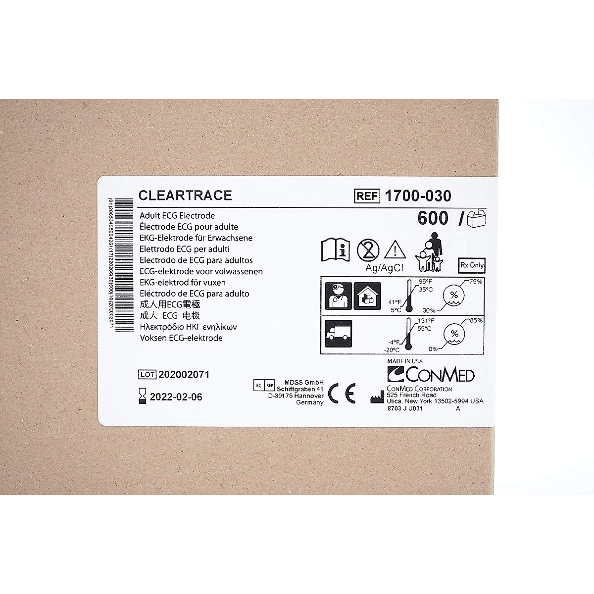 ConMed 1700-030 Cleartrace Adult ECG Electrodes, General Purpose Tape, 20" x 30" Size, Pack of 600