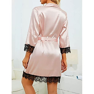 Women's Sleepwear Pajamas 4 Piece Pajama Set Long Sleeve Satin Floral Lace Cami Top Lingerie Pajama Set with Robe (Pink, Medium)