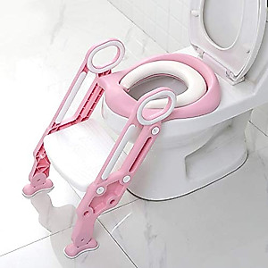Potty Training Seat with Step Stool Ladder and Handles for Baby Toddler Kid Children Boys and Girls Toilet Training Chair with Padded Soft Cushion and Non-Slip Wide Step (Pink White)