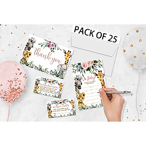 Safari Baby Shower Invitation Set, Fill In Invites Cards, Books For Baby, Thank You, Diaper Raffle, Oh Baby, Each Design 25 Cards & Envelopes (Total 100 Cards) – (bb002-taozhuang)