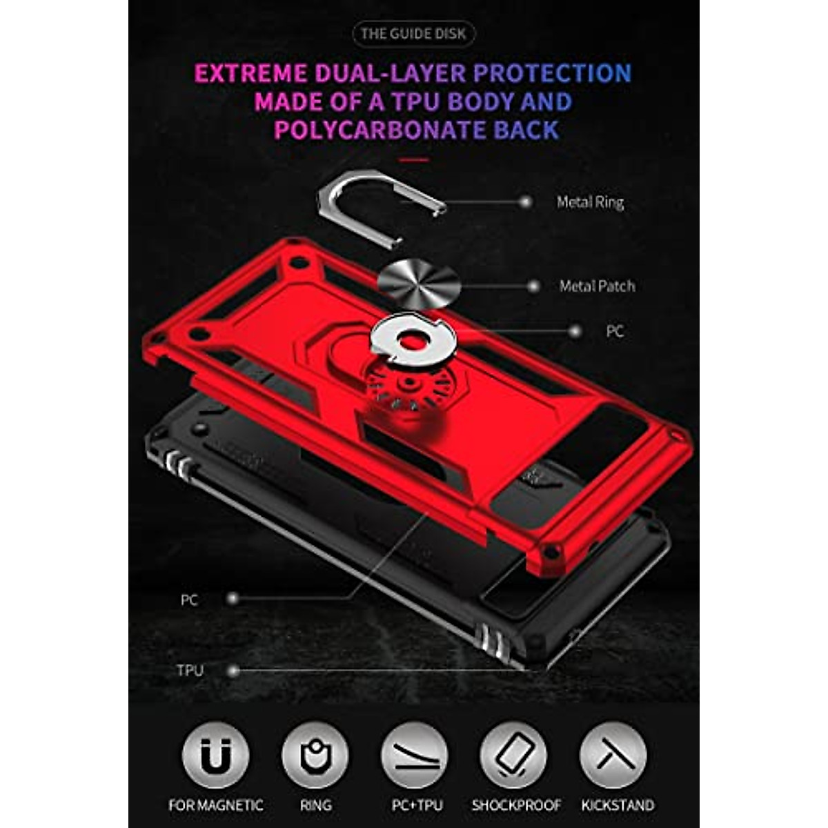 SunRemex for Google Pixel 6A Case with HD Screen Protector, [Not for Pixel 6/6 Pro Phone] Google 6A Case with Magnetic Ring Holder Kickstand,[Military Grade] Protective Phone Case (Red)
