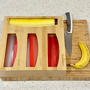 Bamboo Ziplock Bag Storage Organizer w/ 4 Compartments - Baggie Organizer for Kitchen Drawer - Compatible Gallon, Snack, Sandwich, Quart Size Ziplock Bags - Wall Hang, Ziplock Organizer for Drawer