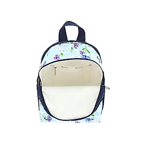 LeSportsac Ribbons Of Hope Basic Backpack/Rucksack, Style 7812/Color G823, Artful Indigo & Violet Iris Flowers, Elegant White Ribbons, Dreamy Aqua Blue Bag, Cancer Awareness