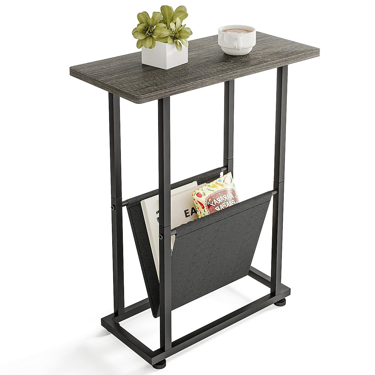 Fixwal Small Narrow Side Table, Slim Nightstand with Storage Shelf, Magazine Table for Small Spaces, End Table for Living Room, Bedroom, Hallway (Grey)