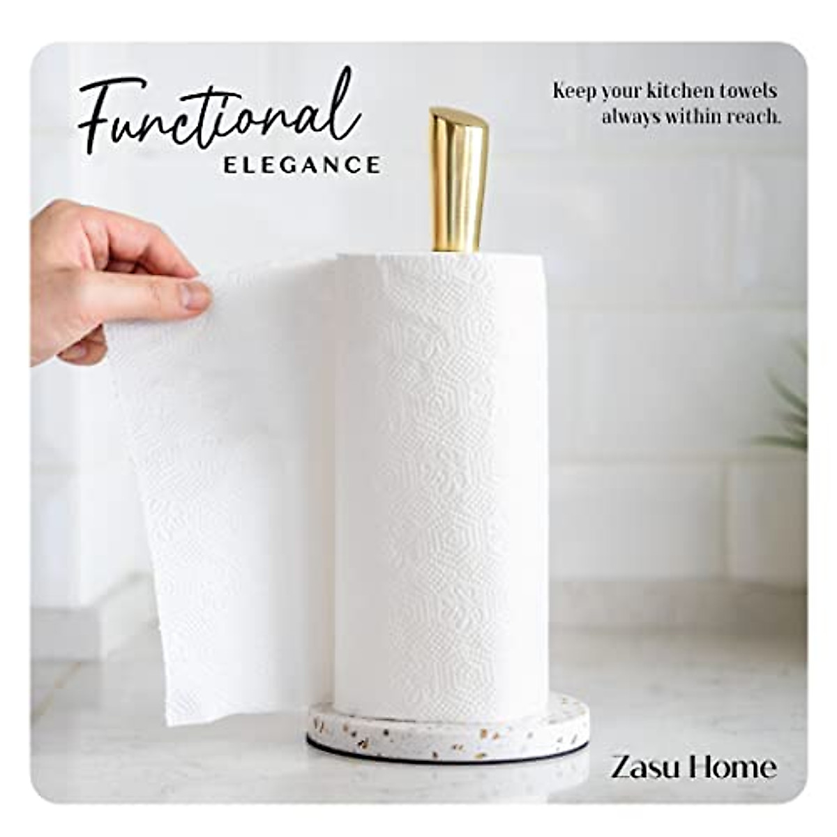 Zasu Marble Paper Towel Holder Gold Countertop, Kitchen, Toilet, Pantry and Bathroom Standing Paper Towel Roll Holders with Marble Base for Standard or Jumbo-Sized Roll Holder (Gold/Marble)