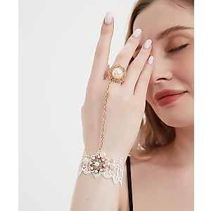 Asphire Retro Lace Slave Bracelet with Finger Ring Vintage Pearl Tassel Ring Chain Bracelet Lolita Costume Party Festival Rose Hand Accessories for Women (Style 5)
