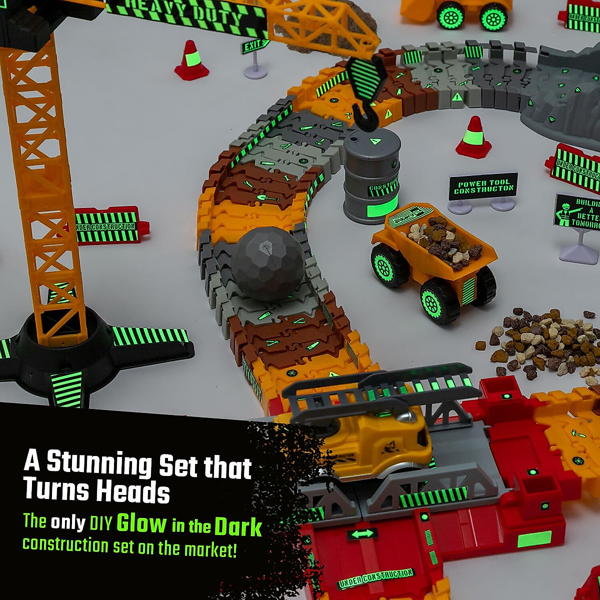 JITTERYGIT Dino Track Train and Construction Track Site Christmas Bundle Gift, Glow in The Dark Playset Racing Play Site Set,Cool Racetrack Present for Children, Ages 3 4 5 6 7 8 9 Years Old