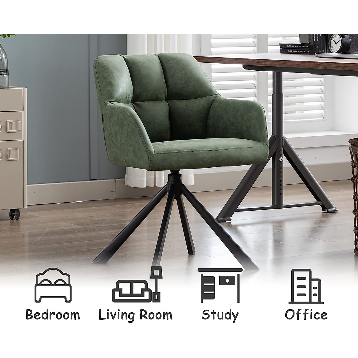 Shunzhi Modern Leather Desk Chair Swirl Office Chair No Wheels Comfy Computer Task Chair Metal Legs Upholstered Accent Arm Chair for Living Room/Bedroom/Small Spaces/Home Office, Green