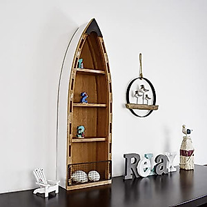 Veclotch Wooden Boat Decor with Shelf Hanging Wood Decoration for Wall, Rustic Nautical Standing Beach Theme Book Display Canoe Bathroom Bedroom Lake House