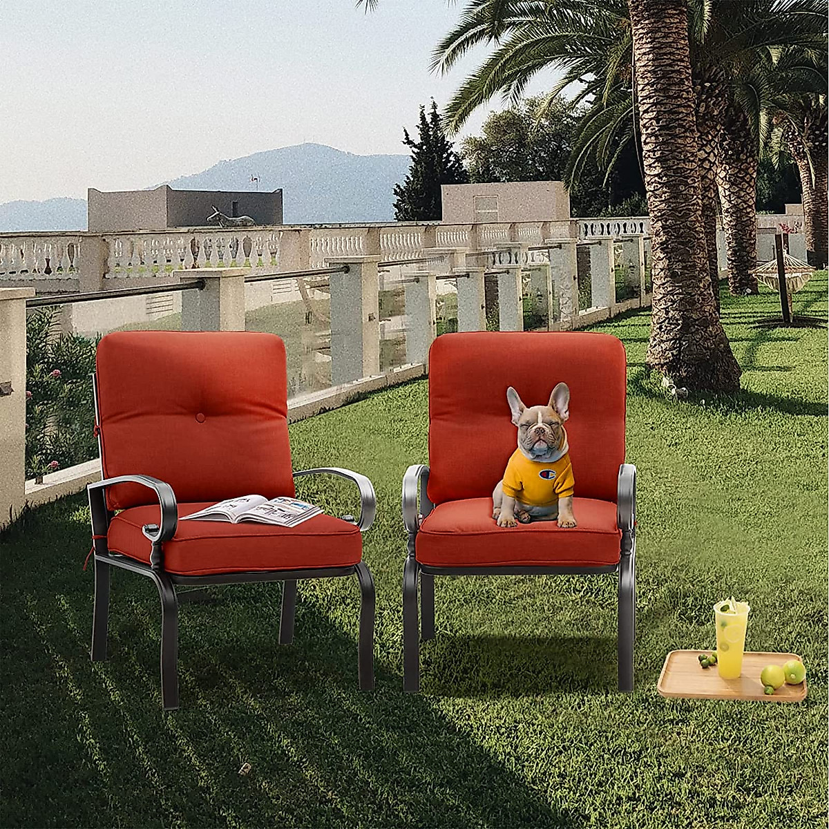 Incbruce Metal Outdoor Dining Chairs Patio Chairs Set of 2, Wrought Iron Chair Steel Frame Restaurant Chair, All-Weather Garden Seating Chair with Arms and Seat Cushions (Red)