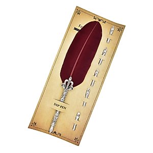 Gullor Calligraphy Feather Quill Pen and 5 Calligraphy Nibs for Beginners Kids Calligraphy Writing Quill Dip Pen Set, WineRed
