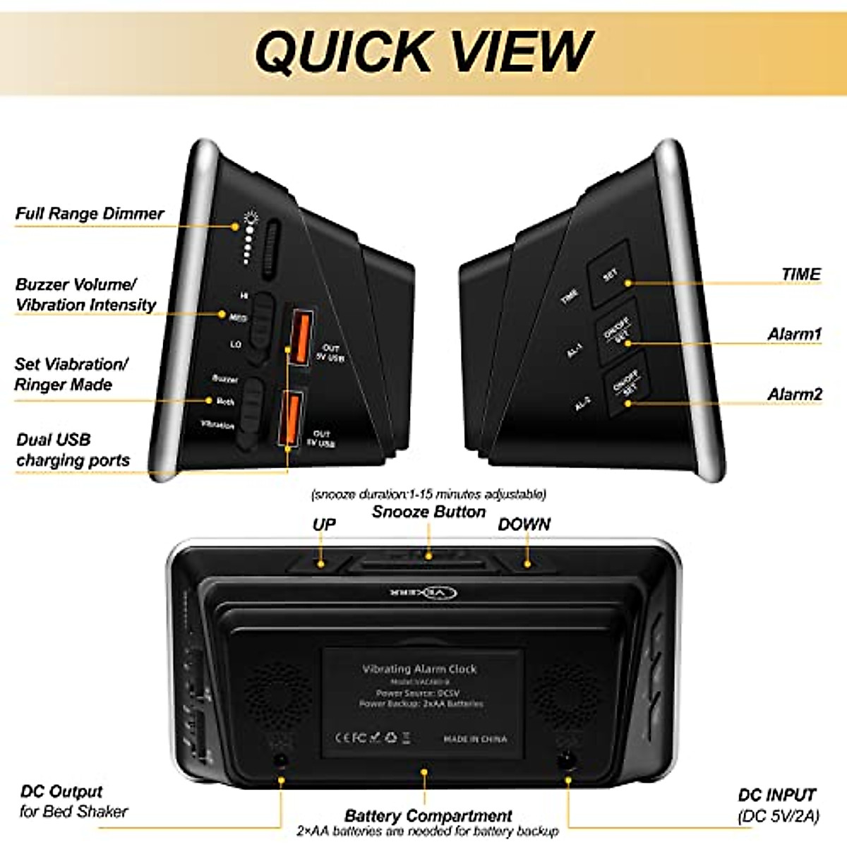Digital Loud Alarm Clock for Heavy Sleepers Adults with Bed Shaker - Ideal for Hearing Impaired People - Dual Alarm Settings & 2 USB Charger - 7 Inch Display (Black with White Digit)