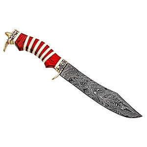 Damascus Steel Hunting Knife - Fixed Blade Knives with Sheath - Handle Combination of Walnut Wood and Camel Bone with Brass Spacer (RW)