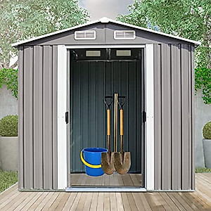 Kinpaw 6' x 4' Garden Storage Shed Heavy Duty Tool House Backyard Garage w/ Sliding Door (Gray)