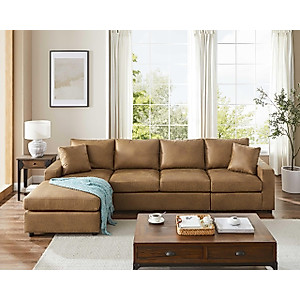 VANOMi 116'' Faux Leather Sectional Sofa, L-Shaped Five-Seat Living Room Sofa Couch, Chaise Longue on The Left, Light Brown