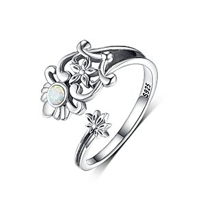 CVRAVO Sterling Silver Opal Spoon Ring Adjustable Victorian Vintage Flower Thumb Rings for Women Vintage Statement Jewelry (Rings Size-7)