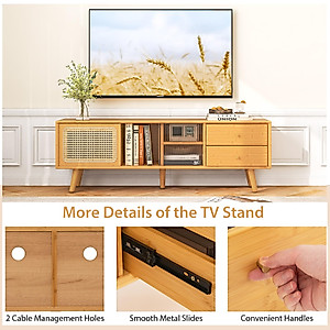 Tangkula Mid Century Modern TV Stand for TVs up to 65", Bamboo Entertainment Center w/Glass & PE Rattan Sliding Doors, 2 Drawers, Adjustable Shelf, Wood Legs, Media Console for Living Room
